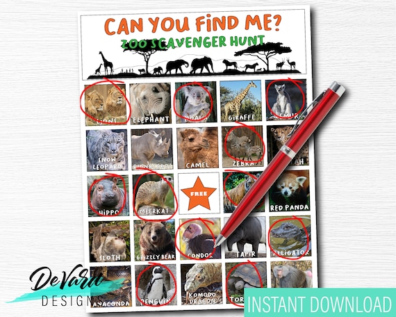 Zoo Scavenger Hunt Bingo Game Look & Find Activity Four - Etsy