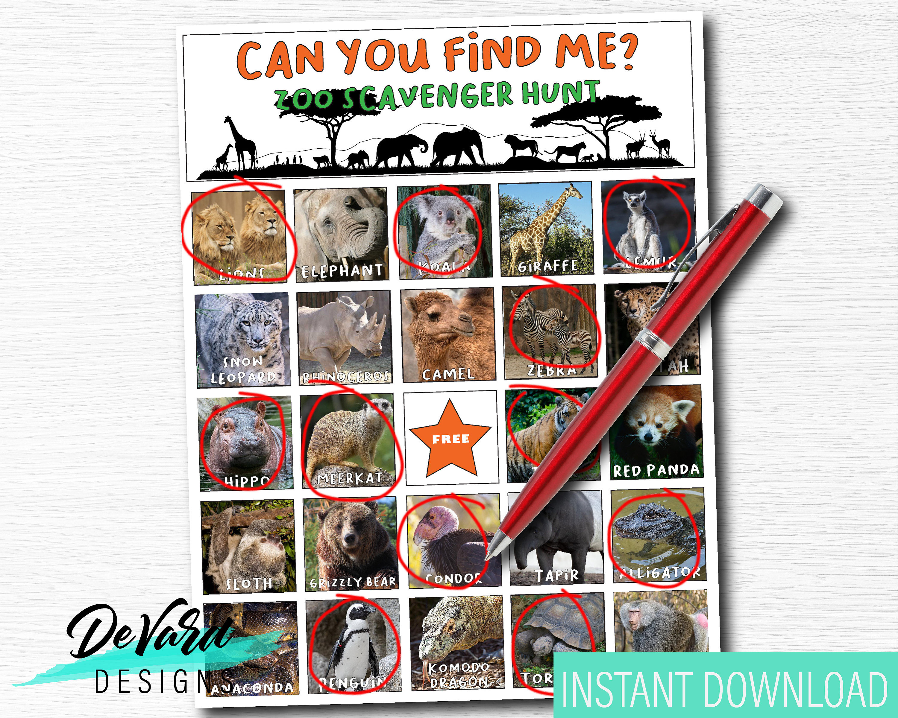 Zoo Scavenger Hunt Bingo Game Look & Find Activity Four Unique Zoo ...