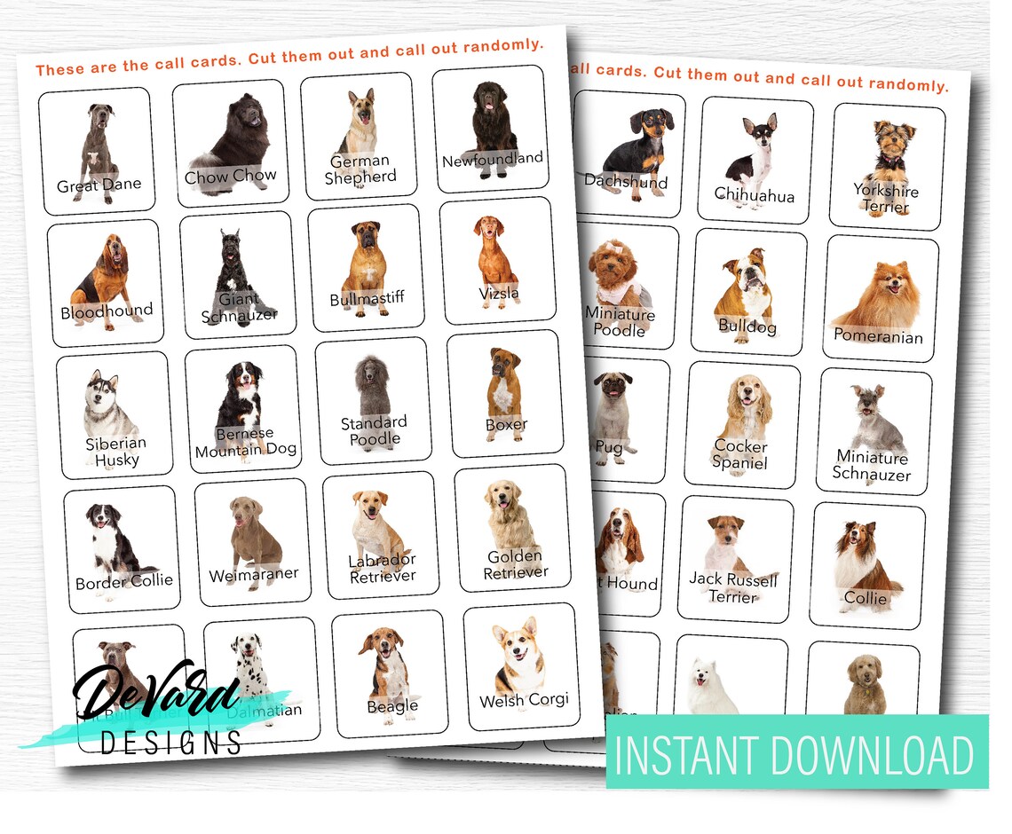 Dog Breed Bingo Game Set of 15 Cards Call Cards Kids Birthday Party ...
