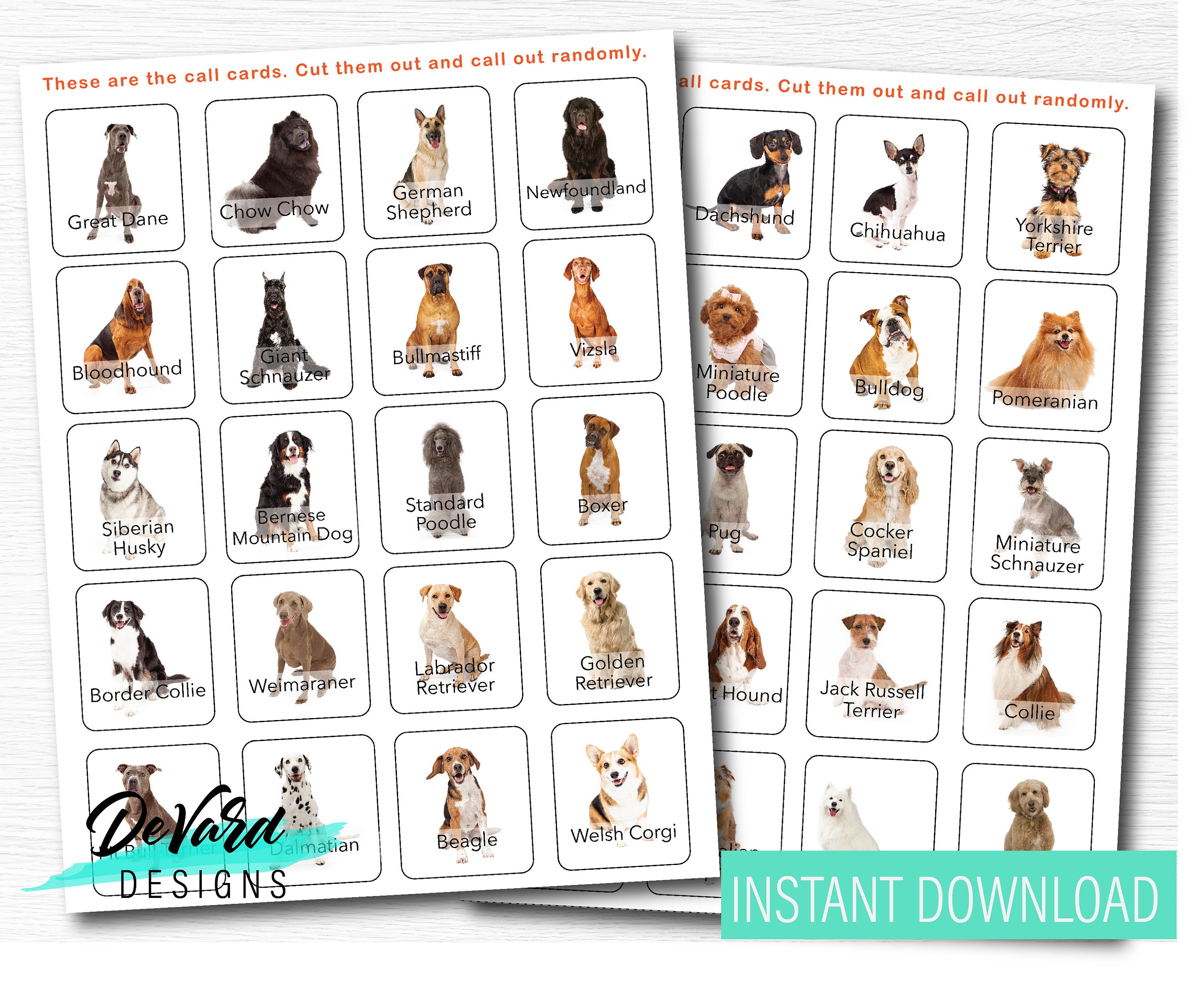 Dog Breed Bingo Game Set of 15 Cards Call Cards Kids Birthday Party ...