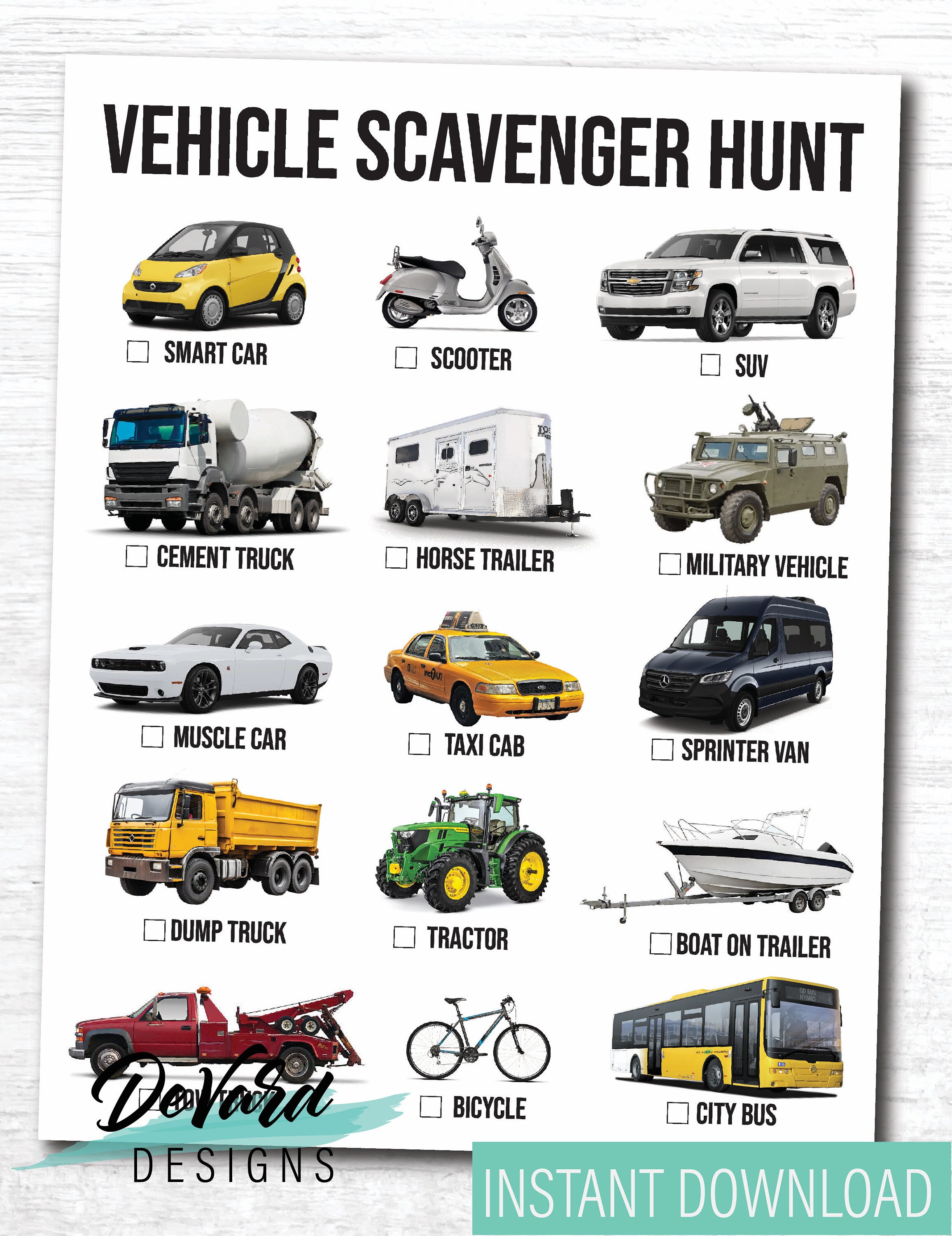 Vehicle Scavenger Hunt Bingo Game Look & Find Activity 2 Unique Cards ...