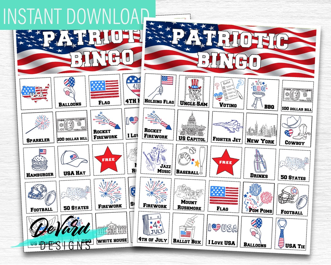 Patriotic Bingo Game- Set of 15 Cards + Call Cards - 4th of July Party ...