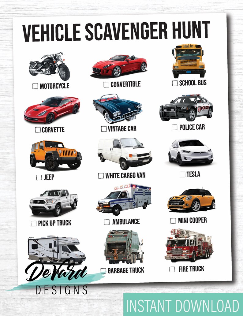Vehicle Scavenger Hunt Bingo Game Look & Find Activity 2 Unique Cards ...
