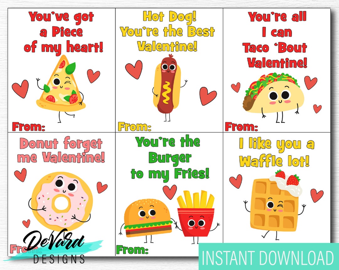 Funny Food Valentines Cards -set of 6 Cards - Classroom School Activity ...