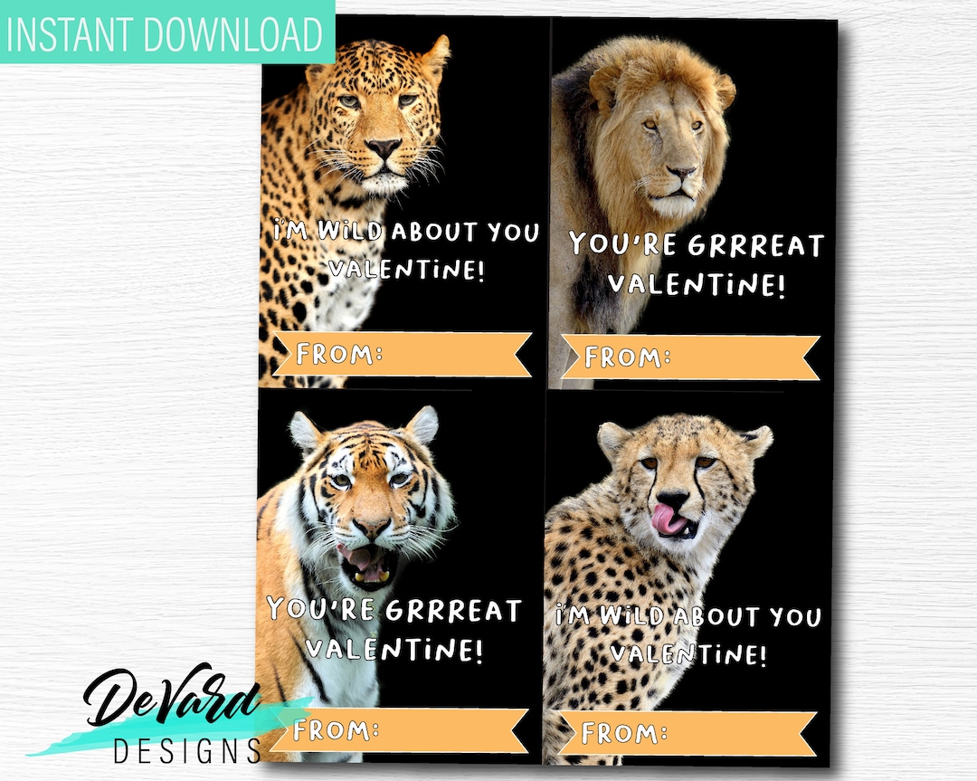 Wild Cats Valentine Cards: Safari Animal Set (digital Download) - Etsy