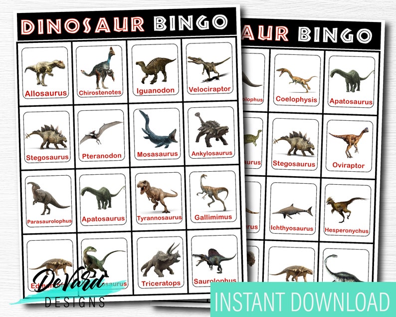 Dinosaur Bingo Game Set of 15 Cards Call Cards Jurassic Dino Birthday ...