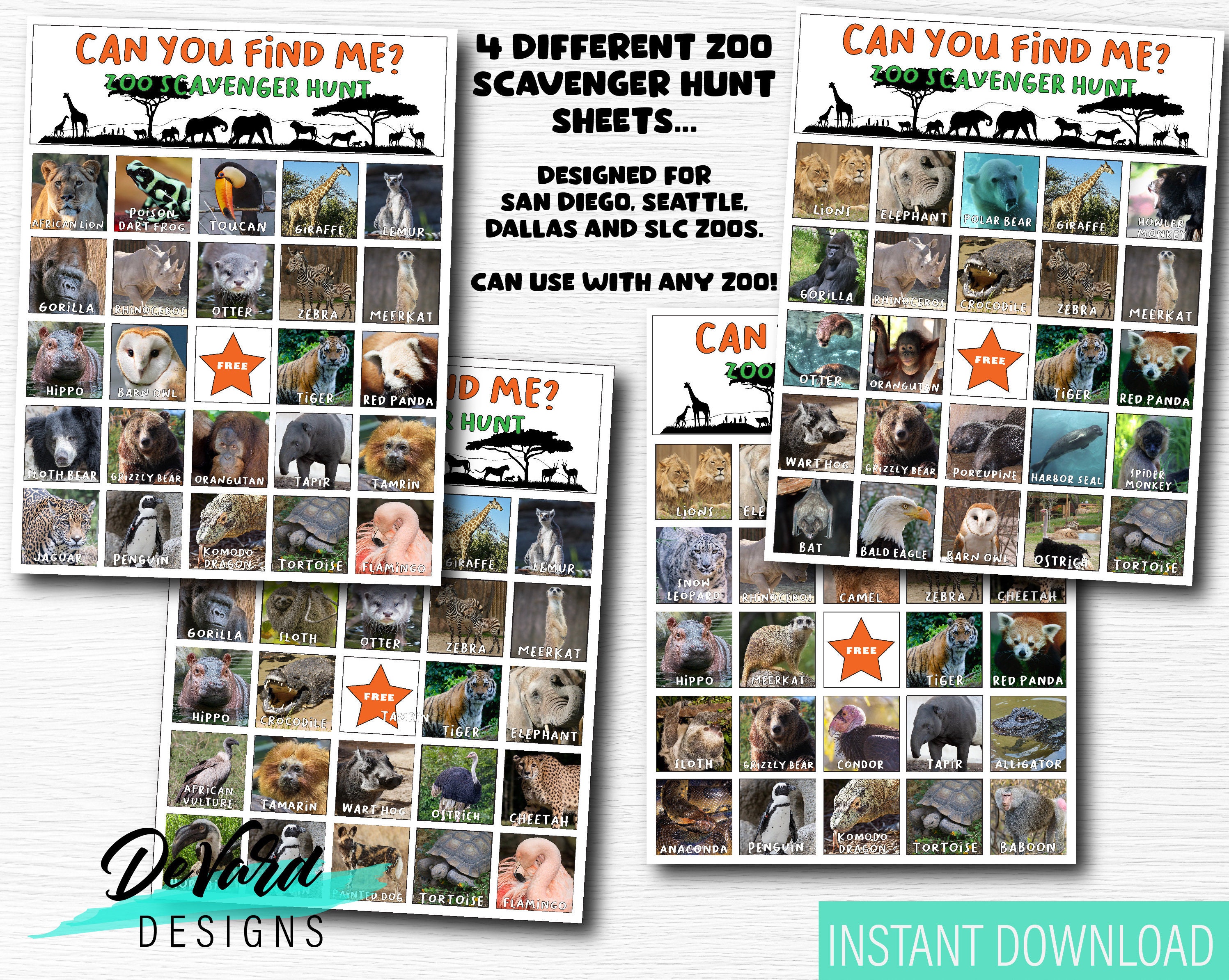 Zoo Scavenger Hunt Bingo Game Look & Find Activity Four Unique Zoo ...