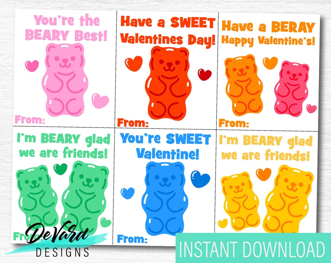 Gummy Bear Cute Candy Valentines Cards -set of 6 Cards - Classroom ...