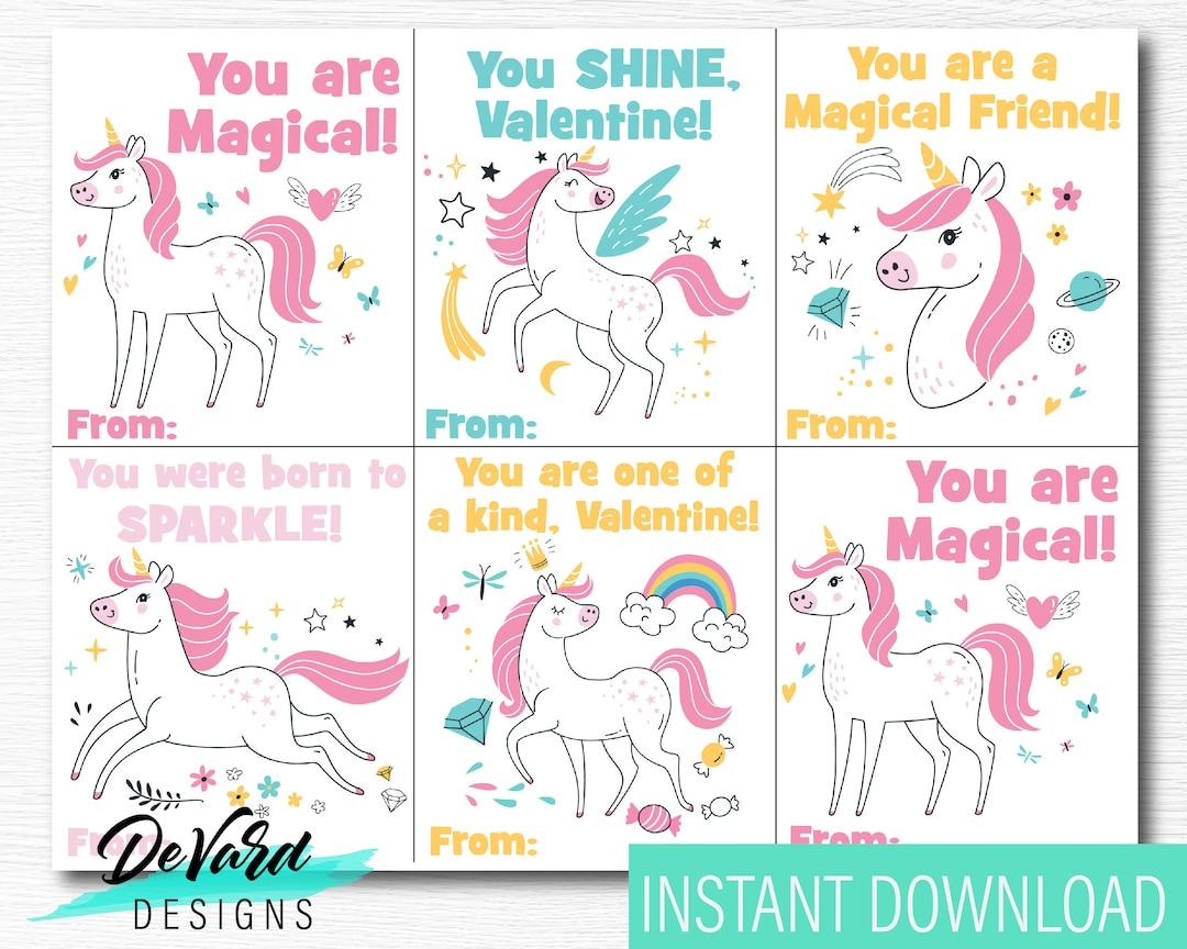 Magical Unicorn Valentines Cards -set of 6 Cards - Classroom School ...