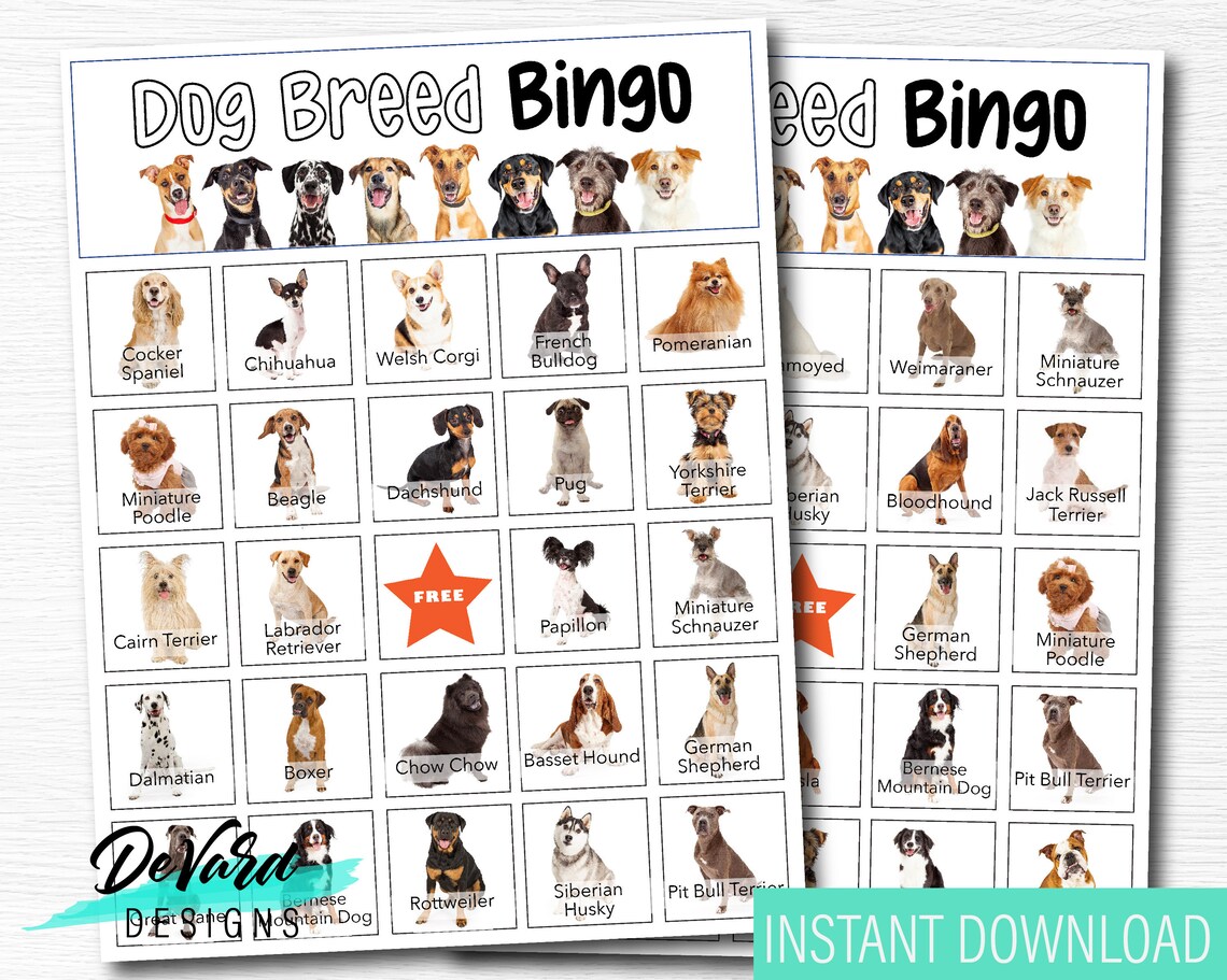 Dog Breed Bingo Game Set of 15 Cards Call Cards Kids Birthday Party ...