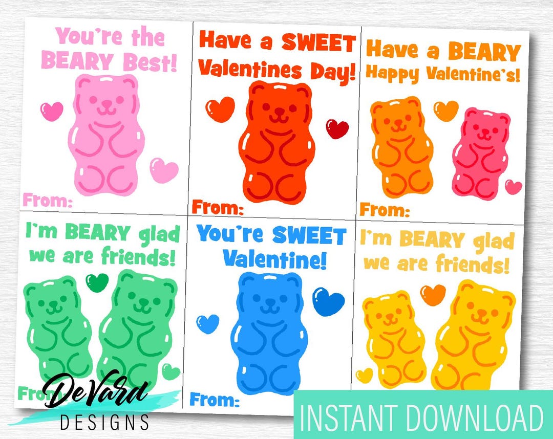 Gummy Bear Cute Candy Valentines Cards -set of 6 Cards - Classroom ...
