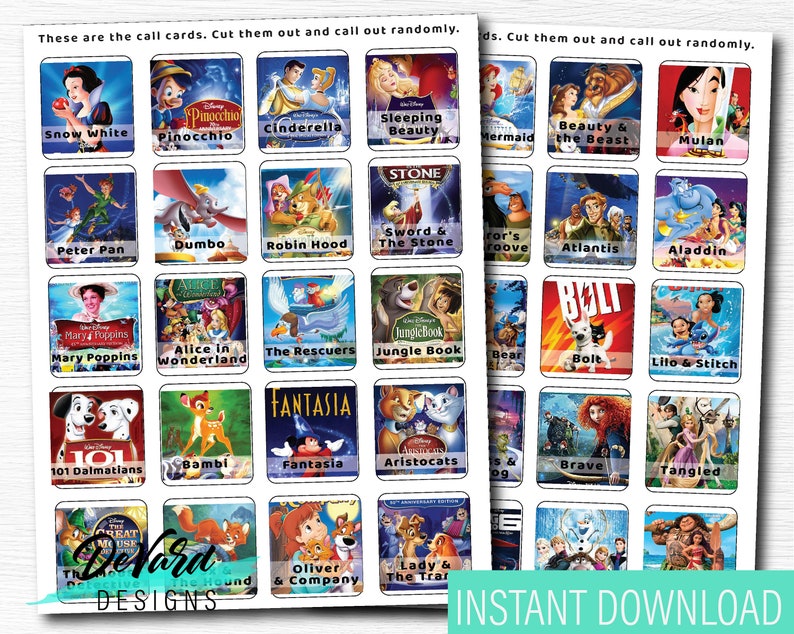 Family Movie Disneyland Disneyworld Bingo Game- Birthday Party Activity ...
