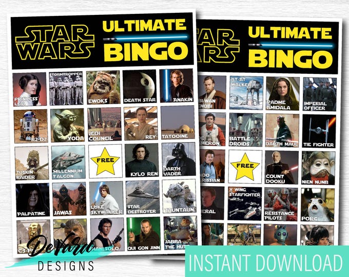 20 Printable Star Wars Bingo Cards - Boys or Girls Birthday Party Game ...