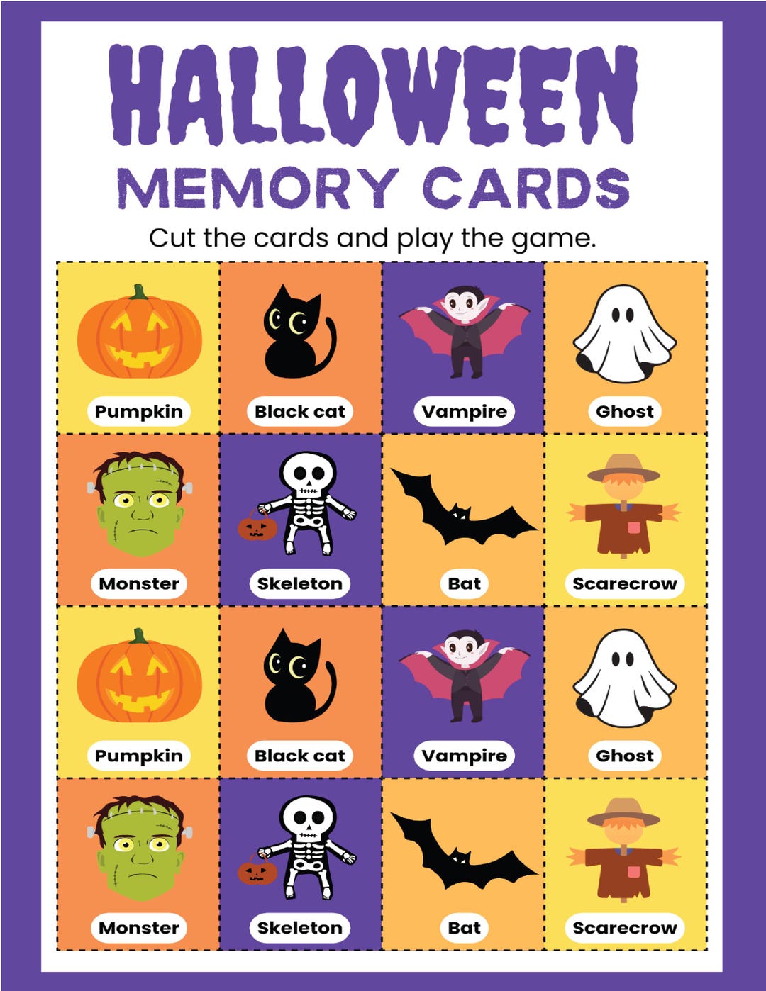 Printable Halloween Memory Card Game for Kids: Educational Activity PDF ...