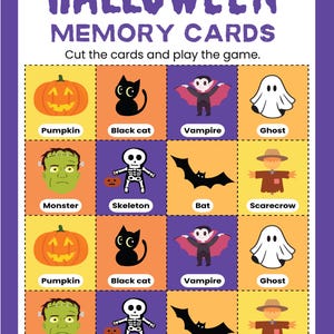 Printable Halloween Memory Card Game for Kids: Educational Activity PDF ...