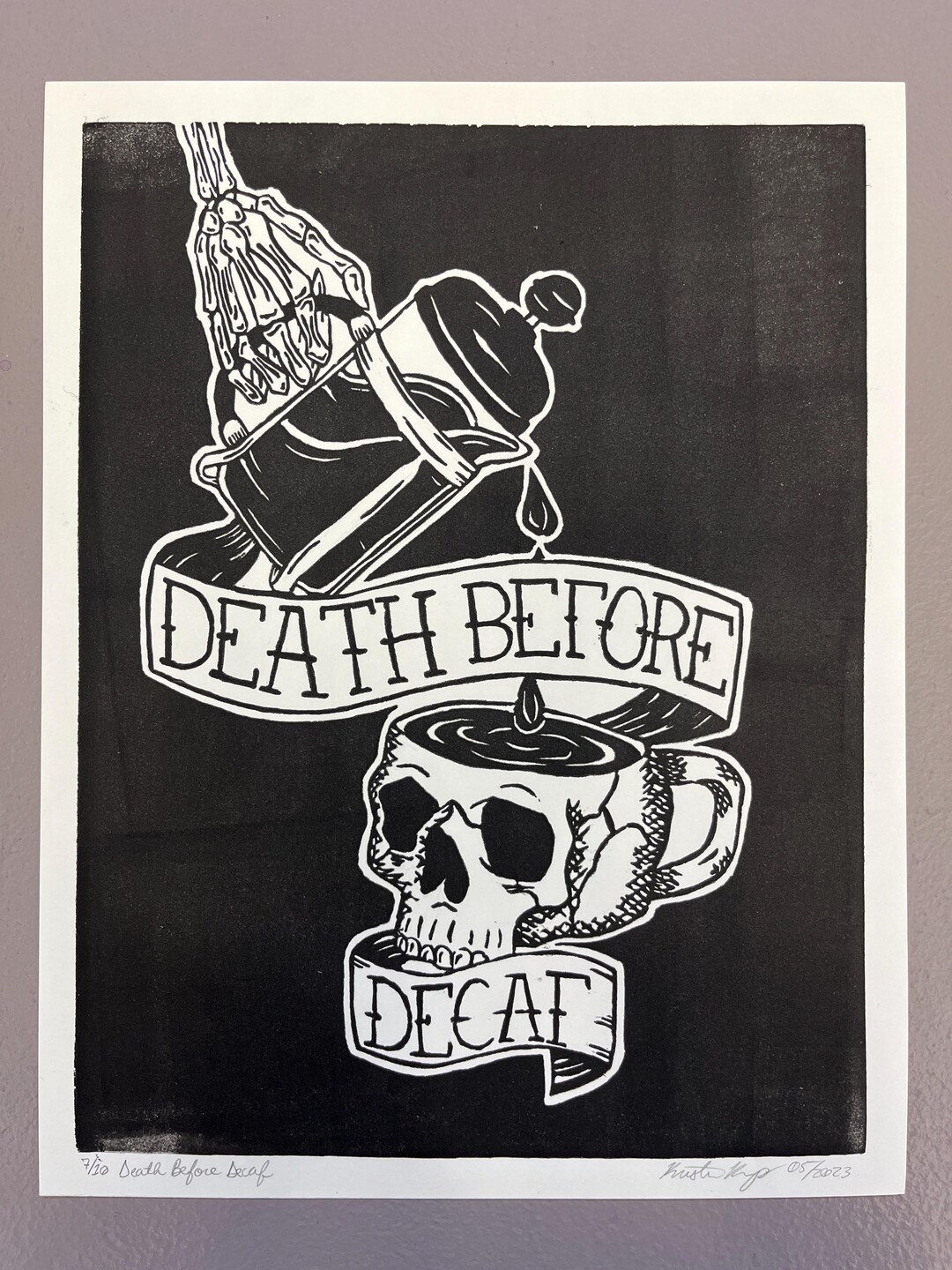 Death Before Decaf Linocut Print - Etsy