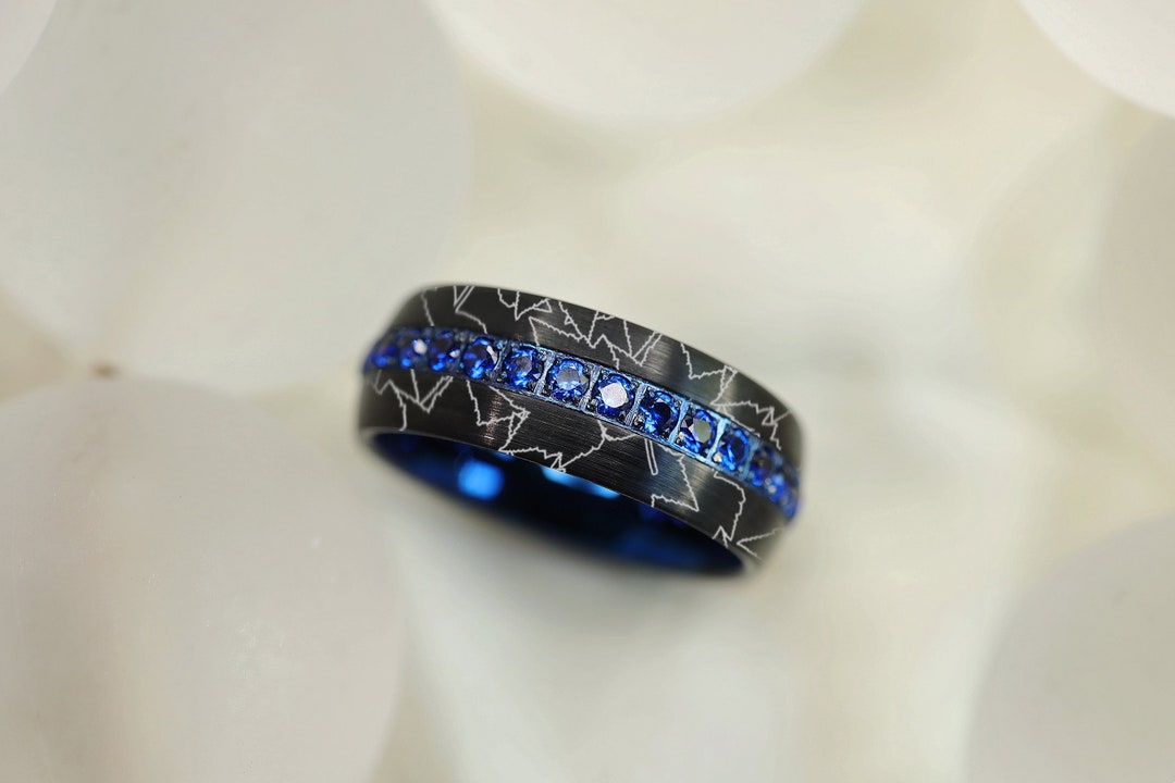 Autumn Fall Wedding Ring, Fall Blue Diamond Wedding Ring, Domed Black ...