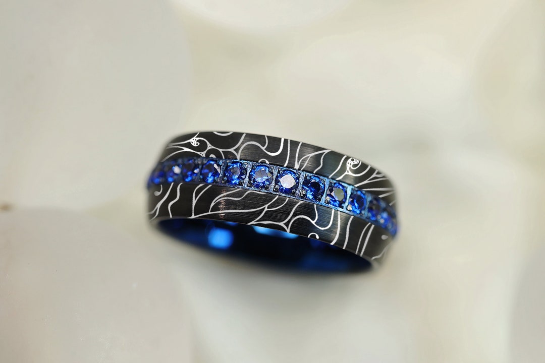 Ocean Waves Tungsten Wedding Band: Black Ring With Blue Diamonds - Etsy