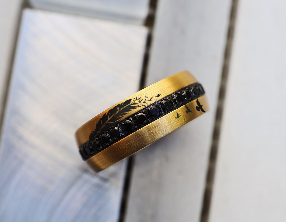 Diamond Tungsten Wedding Band: Engraved Birds, Feathers Ring - Etsy