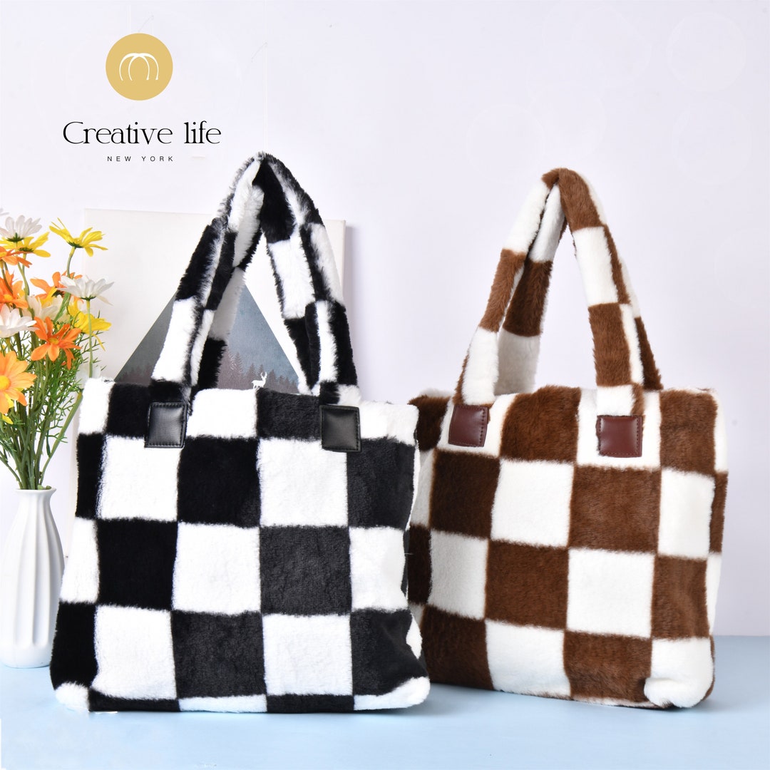 CLEARANCE Checkerboard Plush Tote Bag, Black White Checkerboard ...