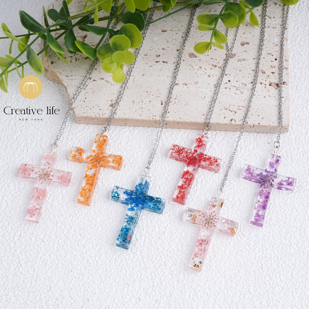 Handmade Cross Flowers Necklace for Anniversary Gift, Silver Resin Real ...