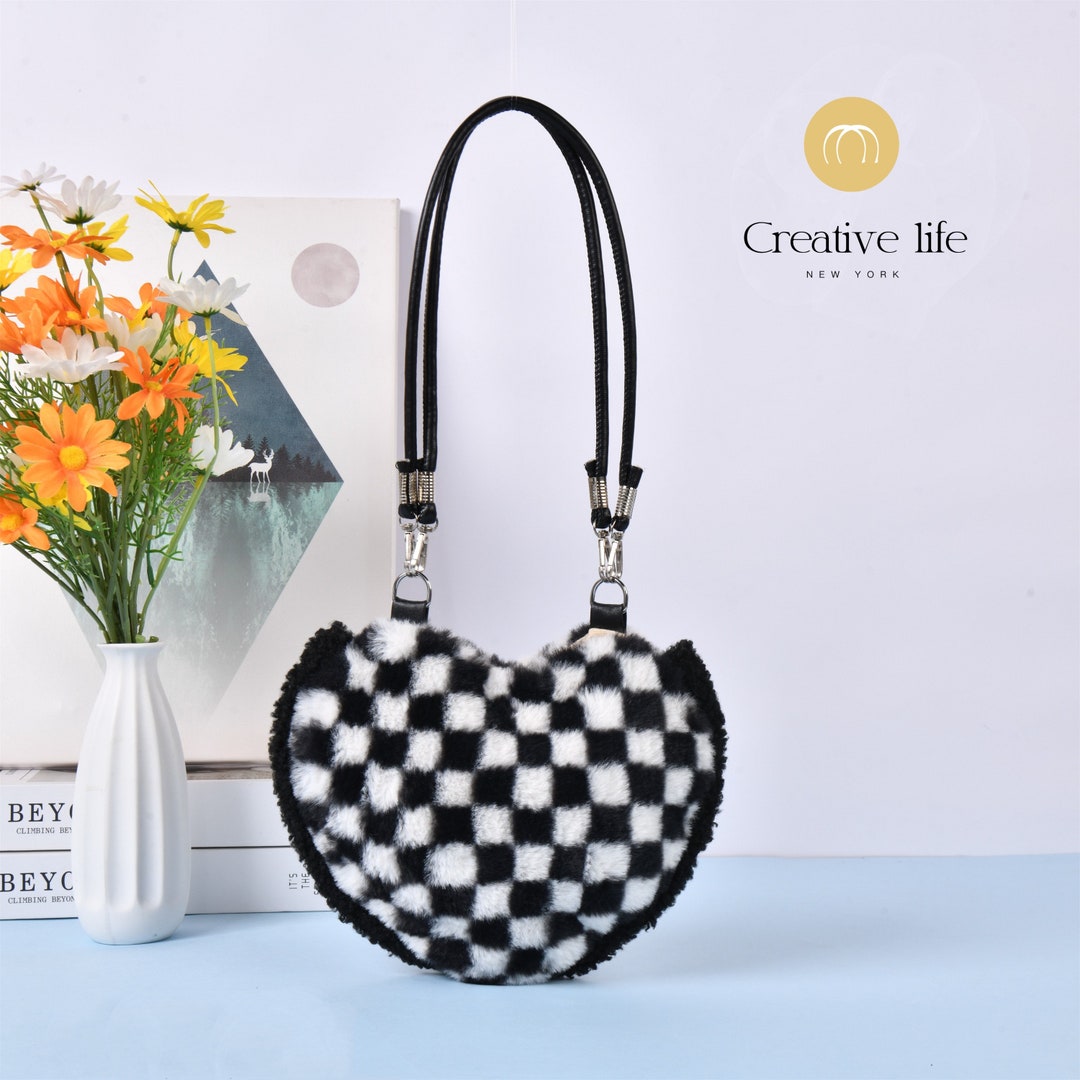 CLEARANCE Heart Checkerboard Plush Shoulder Bag, Black White ...