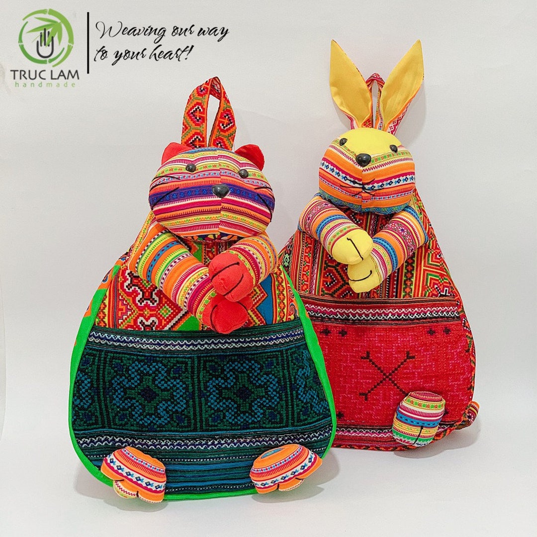 Handmade Cute Animals Plush Toy Brocade Kids Backpack Hmong Patterns ...