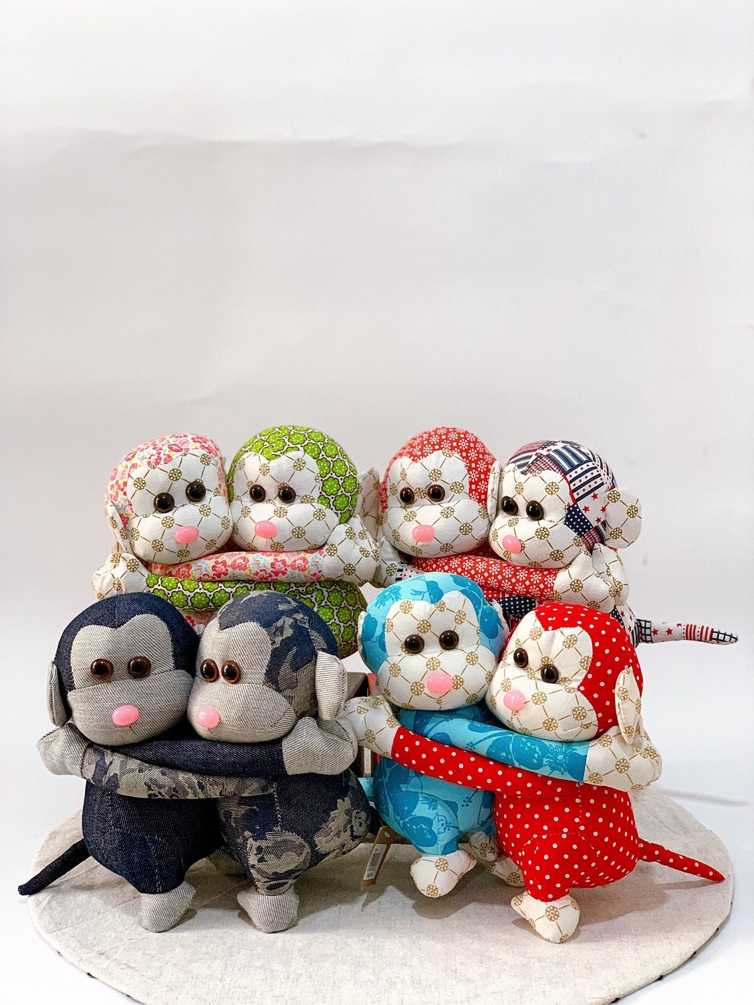 Handmade Adorable Hugging Couple Monkeys Floral Fabric Stuffed Animal ...