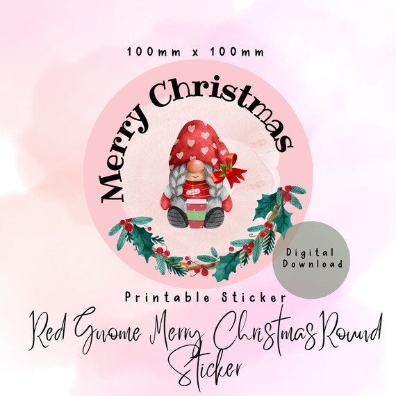 Printable Red Gnome Merry Christmas Round Sticker - Etsy
