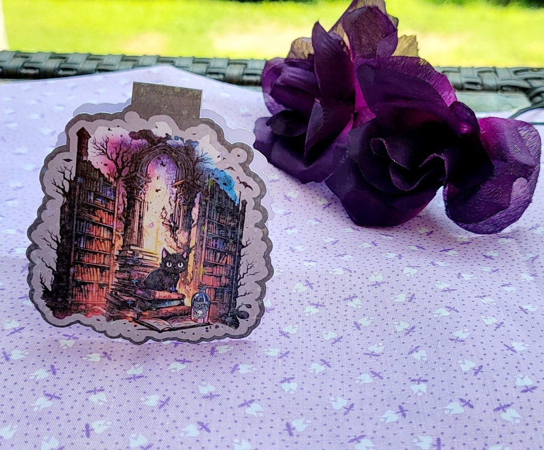 Holographic Magnetic Bookmark: Magical Bookcase With Black Cat & Poison ...