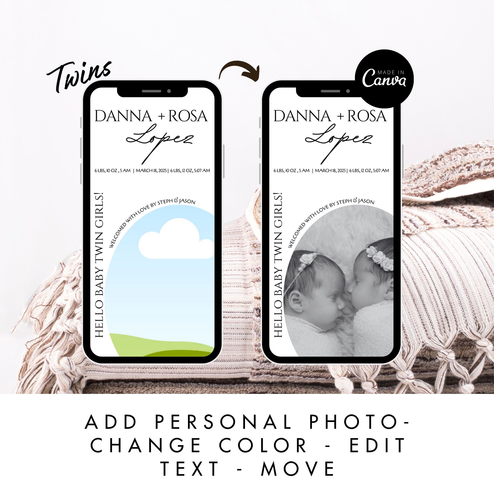 Baby Twin Announcement Photo Birth Announcement Bundle, Baby Printable ...