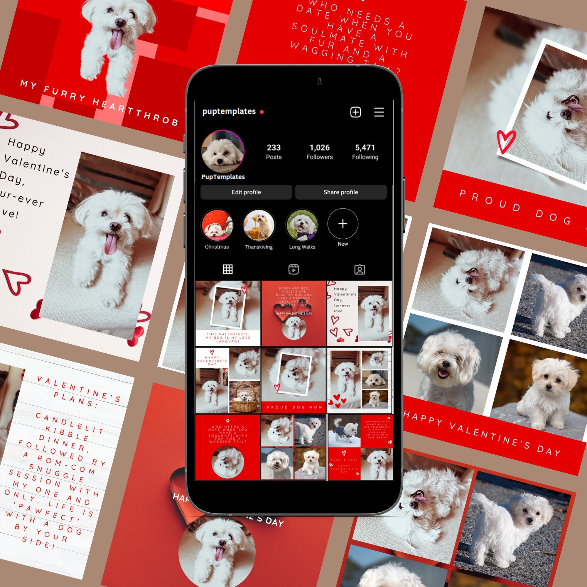 15 Red Valentines Day Instagram Posts Template Kit, Dog Social Media ...