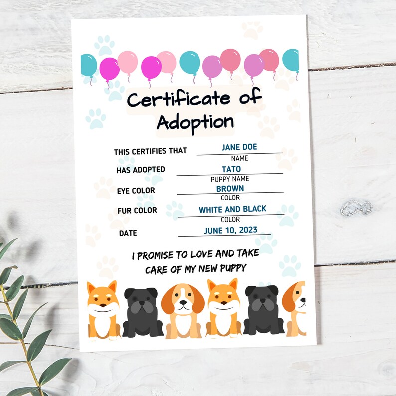 Pet Adoption Certificate Puppy Adoption Dog Birthday Party - Etsy