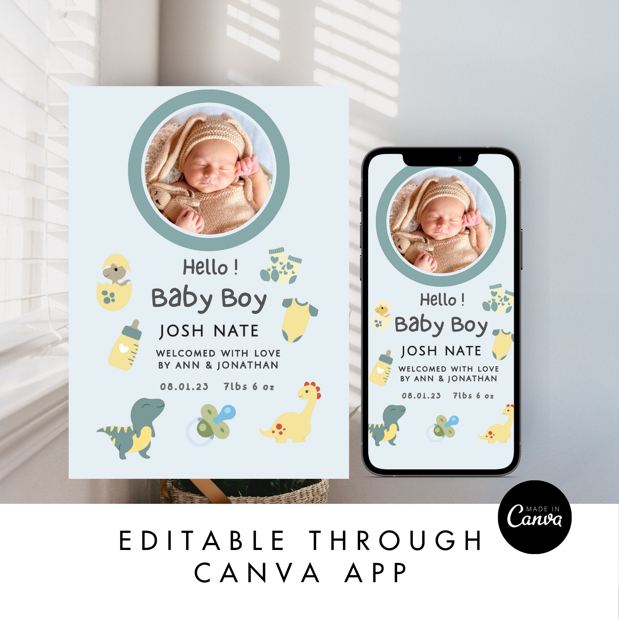 Editable Newborn Template Bundle, Baby Boy Announcement Card, Social ...