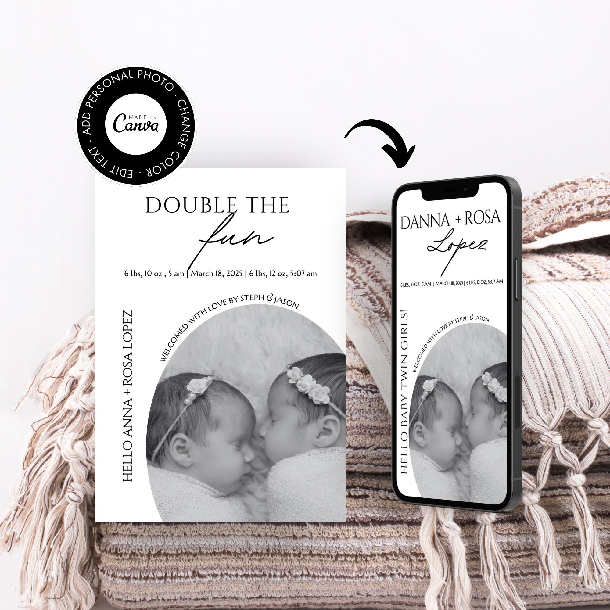 Baby Twin Announcement Photo Birth Announcement Bundle, Baby Printable ...