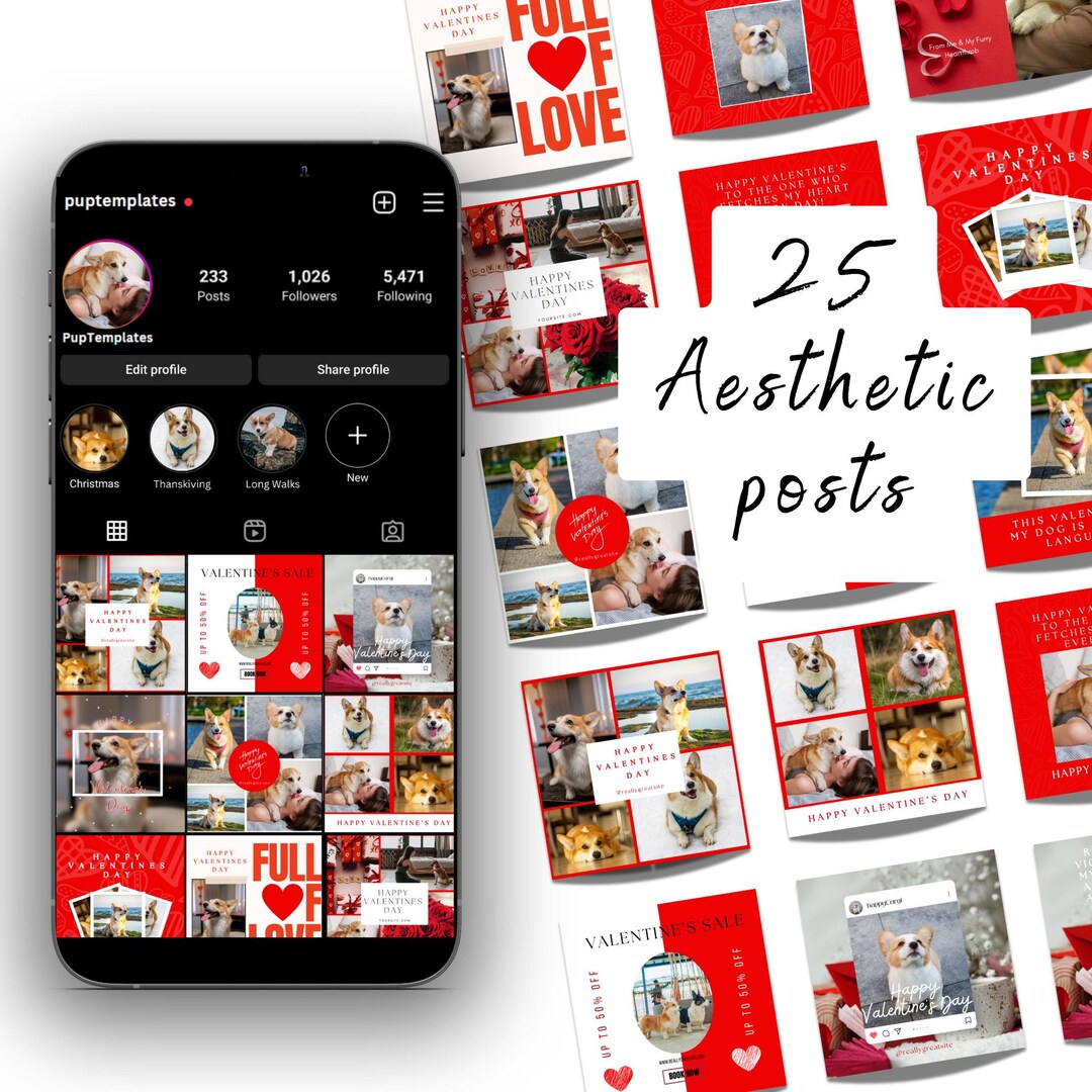 25 Red Valentines Day Instagram Posts Template Kit, Dog Social Media ...