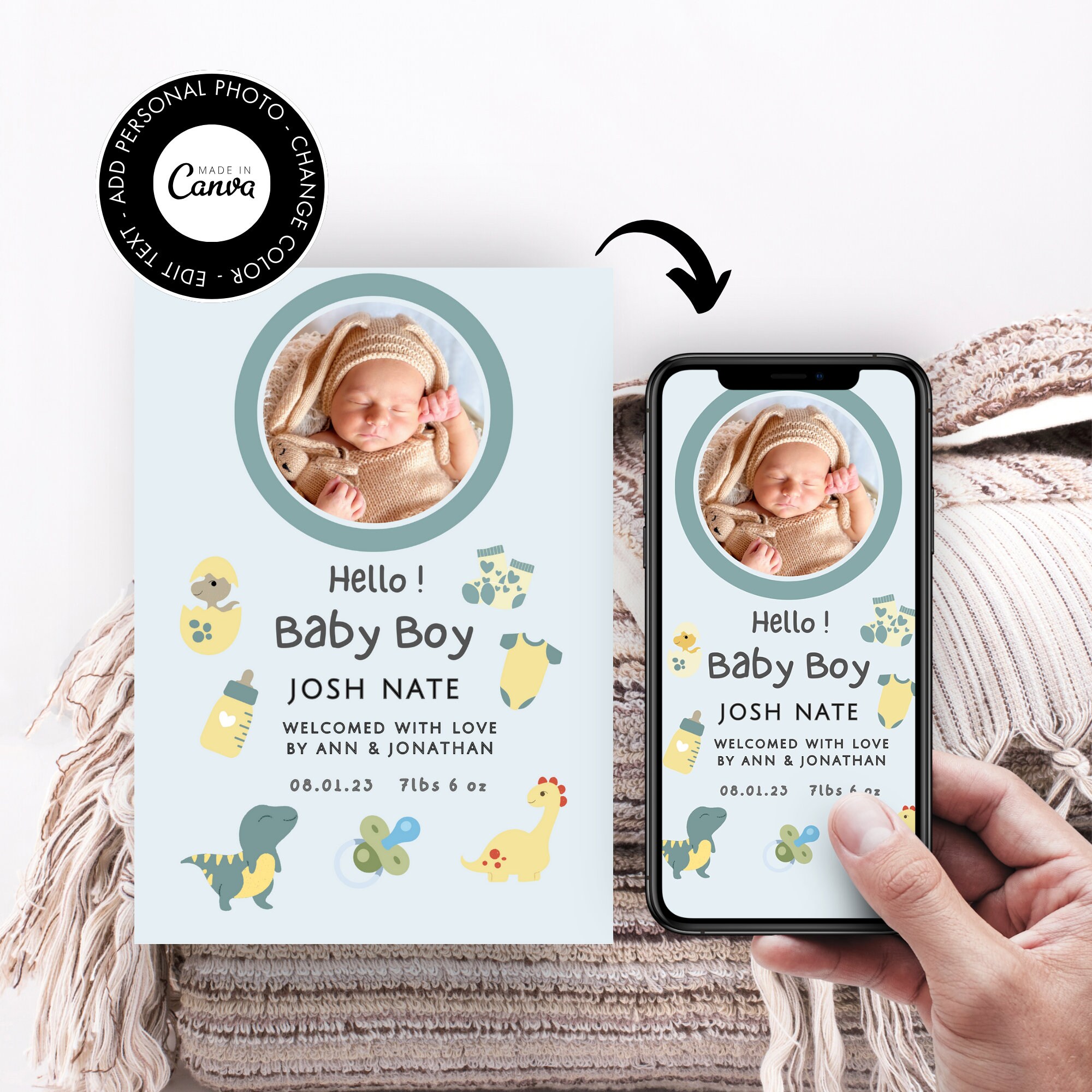 Editable Newborn Template Bundle, Baby Boy Announcement Card, Social ...