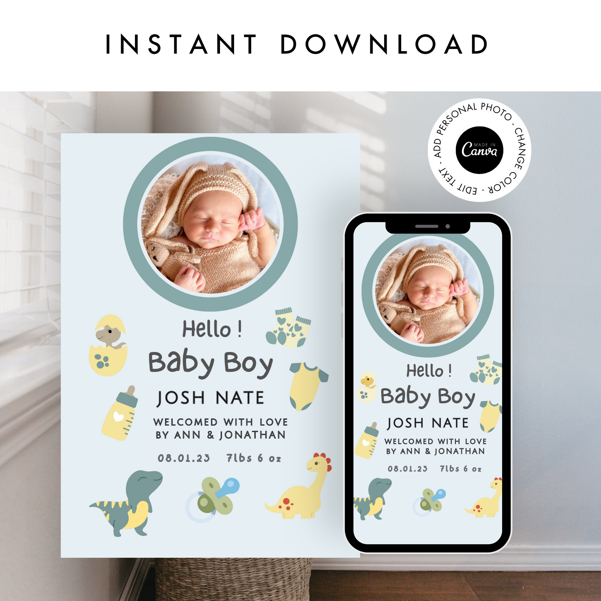 Editable Newborn Template Bundle, Baby Boy Announcement Card, Social ...