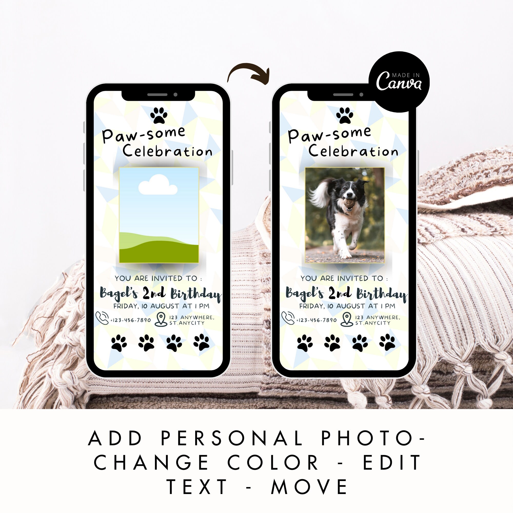 Editable Dog Birthday Digital Invite, Text SMS Invite Template, Doggy ...