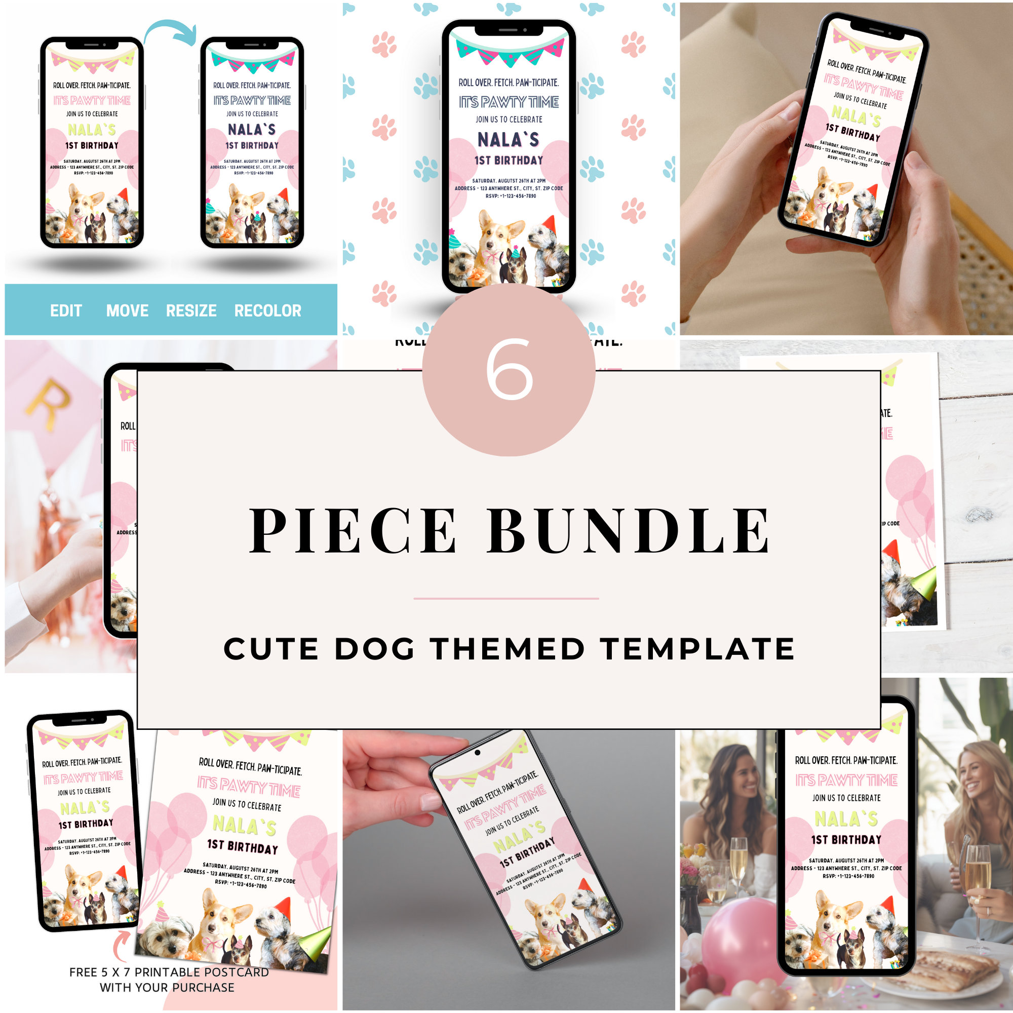 Editable Dog Birthday Party, 6 Piece Bundle, Dog Birthday Party ...