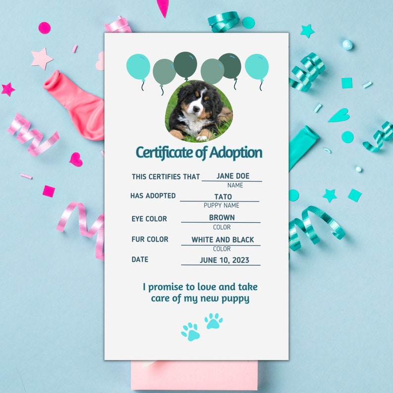 Pet Adoption Certificate Puppy Adoption Dog Birthday Party - Etsy