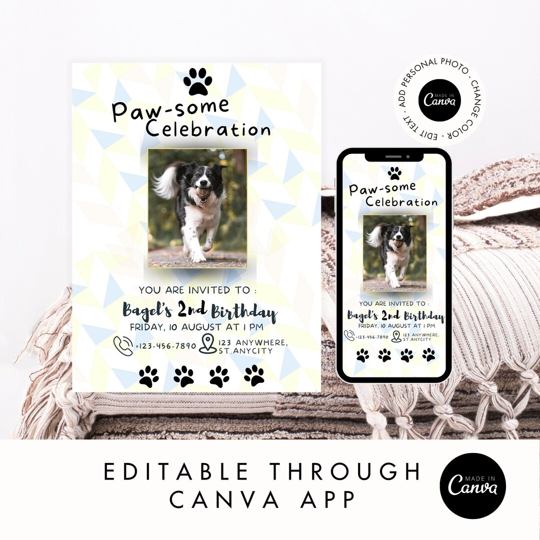 Editable Dog Birthday Digital Invite, Text SMS Invite Template, Doggy ...