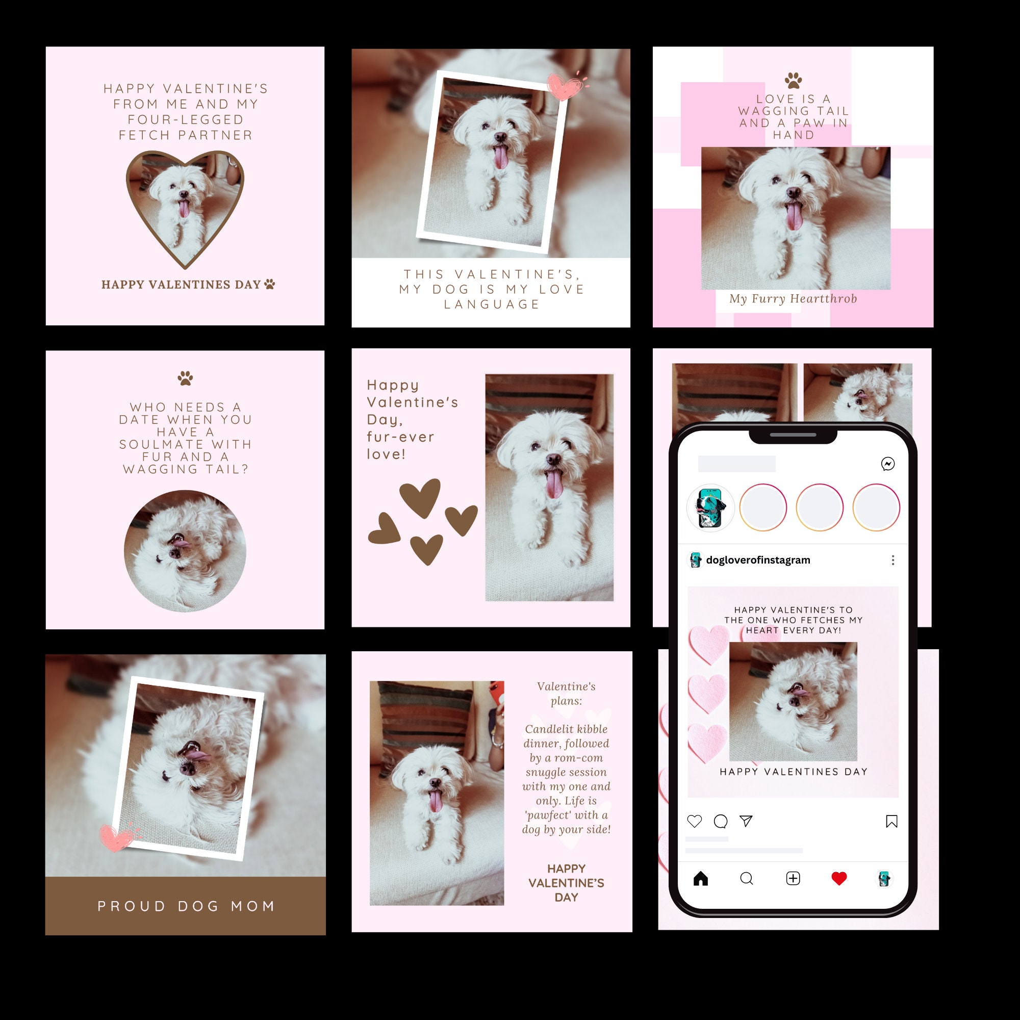 15 Pink Valentines Day Instagram Posts Template Kit, Dog Social Media ...
