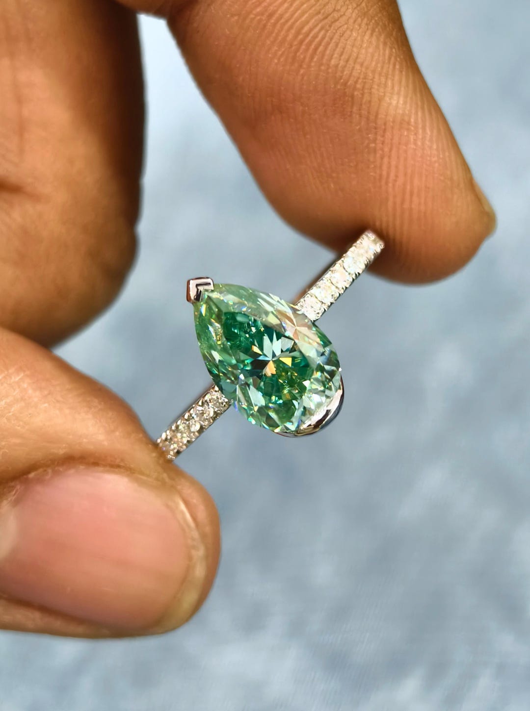Pear Shaped Cyan Blue Moissanite Engagement Ring, Unique Gemstone Ring ...