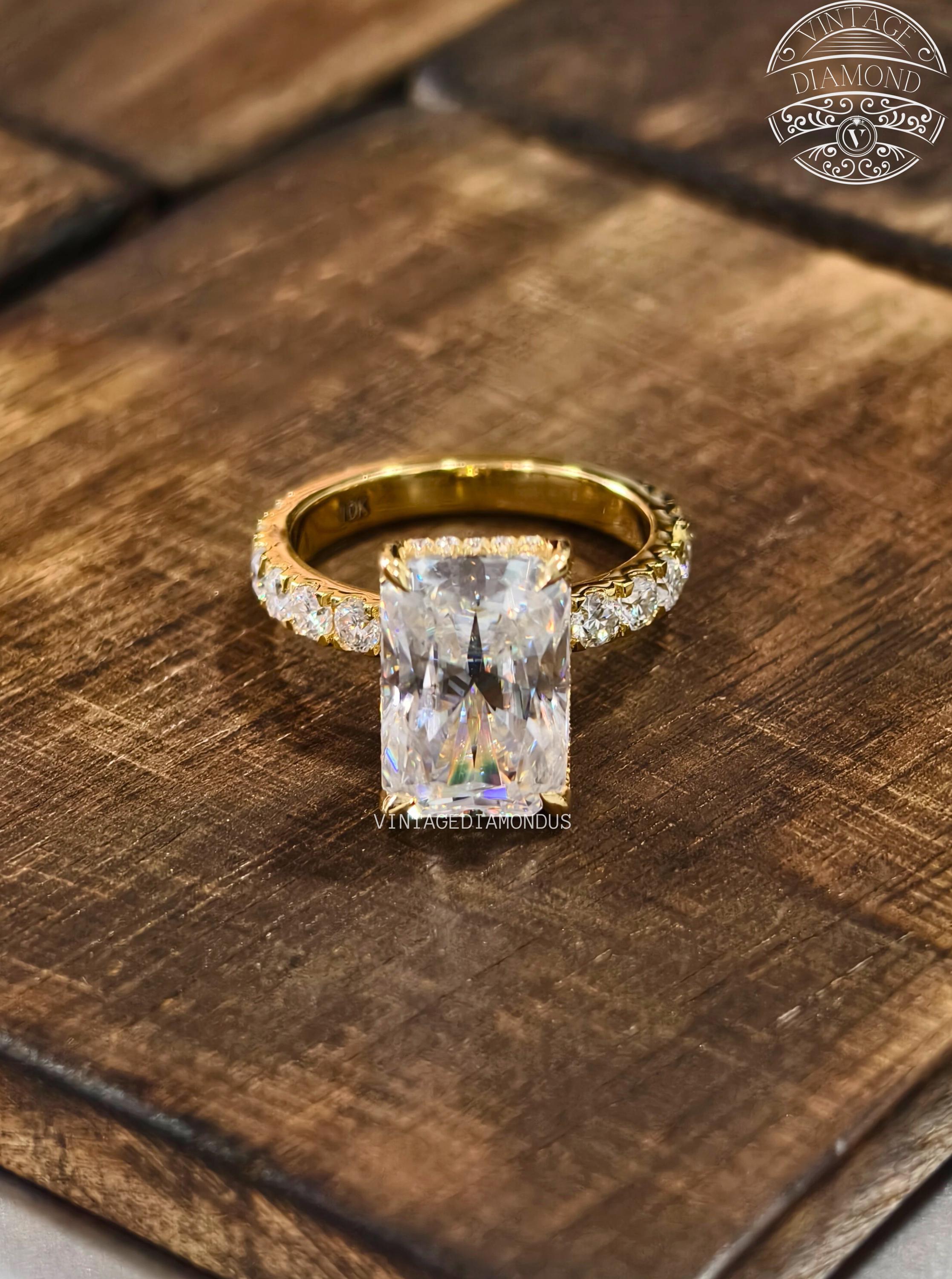 Radiant Cut Moissanite Engagement Ring With Hidden Halo, Anniversary ...