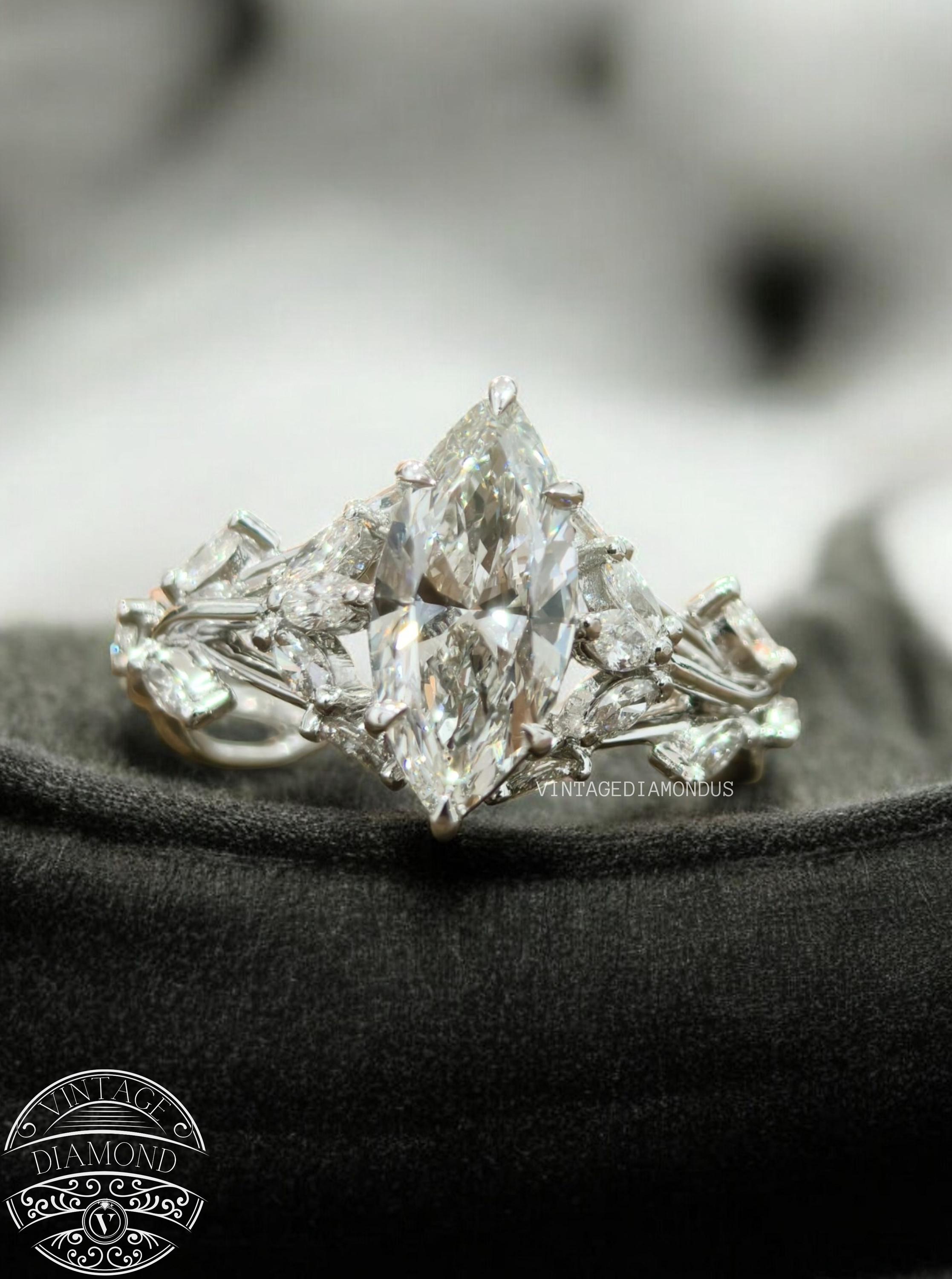 Marquise Cut Lab Grown Diamond Engagement Ring, Nature Inspired Lab ...