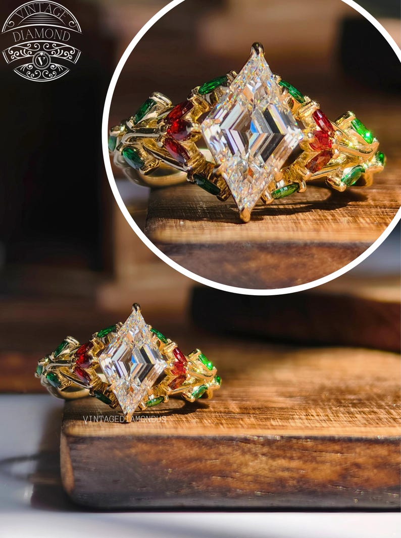 Lozenge Cut Lab Grown Diamond Ring With Ruby & Emerald CZ Accents, Gold ...
