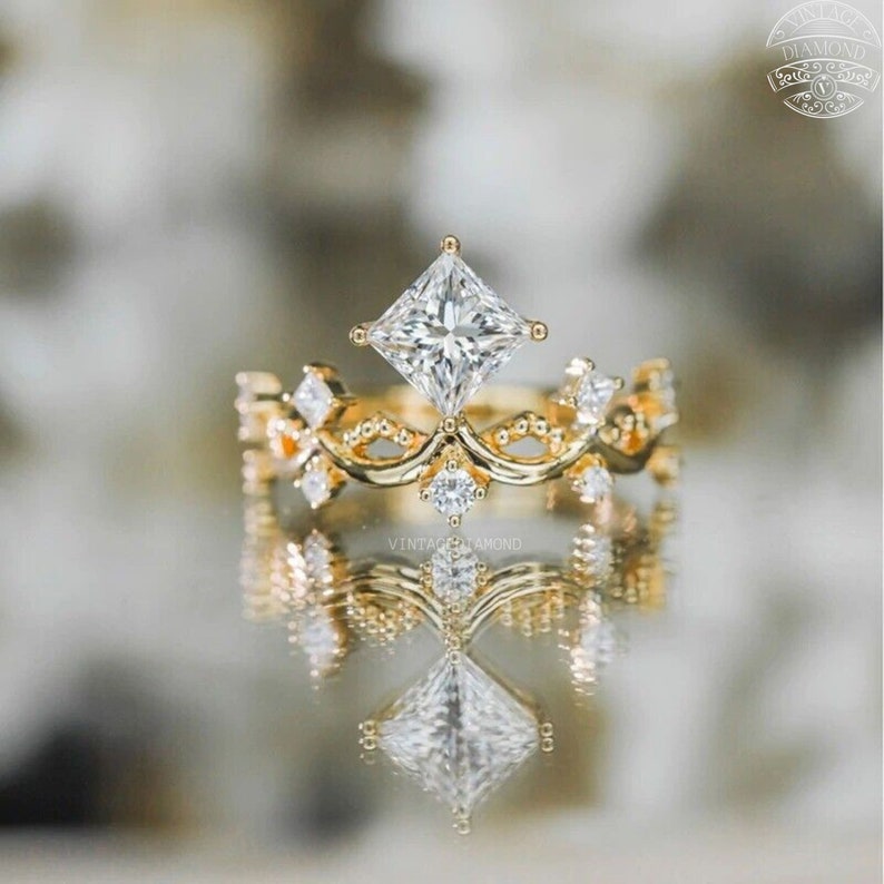 Princess Crown Ring, Princess Cut Moissanite Jewelry, Vintage Diamond ...