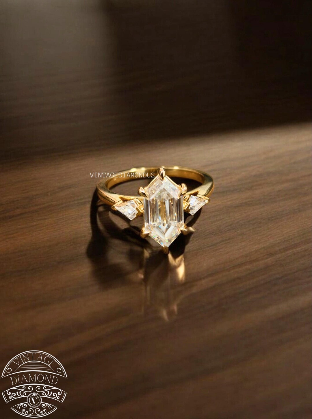 Hexagon Dutch Marquise Step Cut Moissanite Ring, Sparkling Wonderful Three Stone Anniversary ...