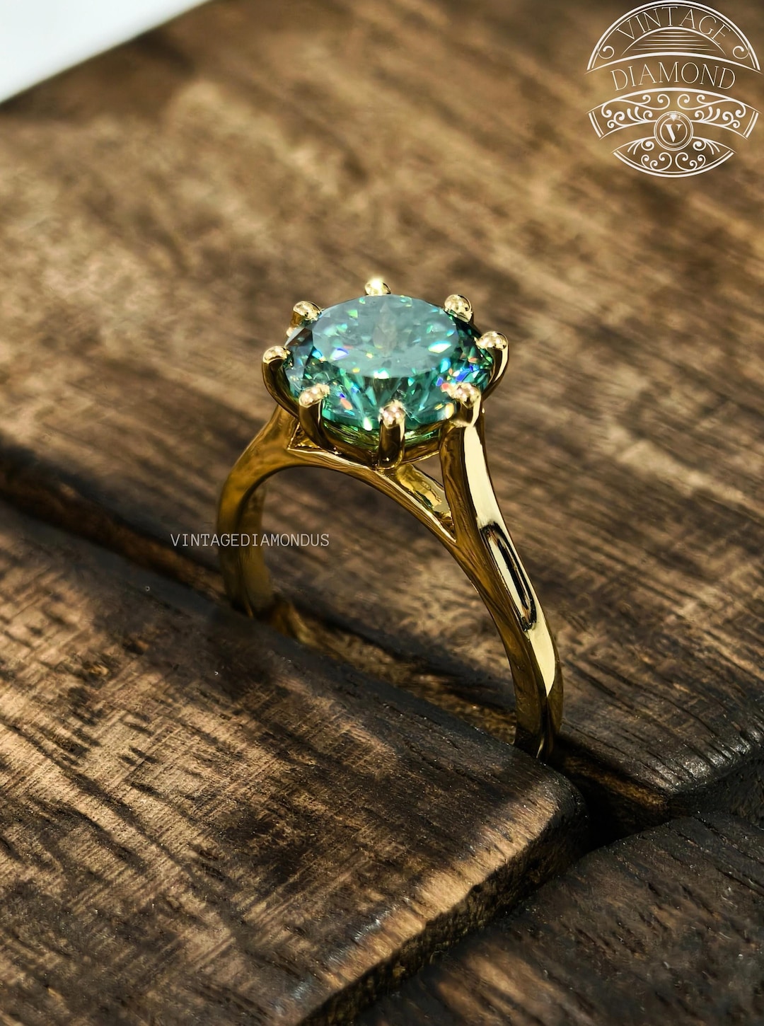 3.5 Ct Portuguese Cut Green Round Cut Moissanite Diamond Ring ...